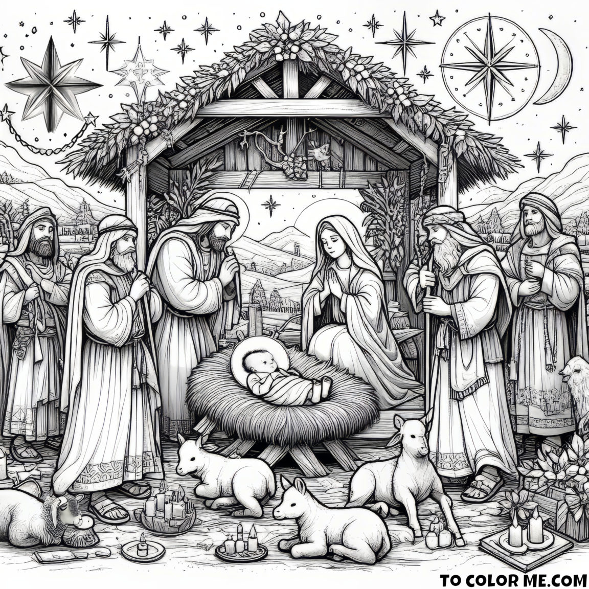Heavenly Embrace: Mary and Baby Jesus in the Nativity Scene Coloring ...