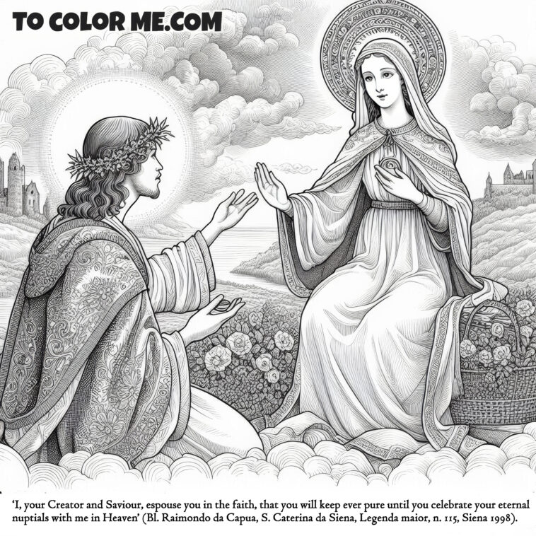 Catherine’s Eternal Nuptials: A Sacred Coloring Page – To Color Me Faithful
