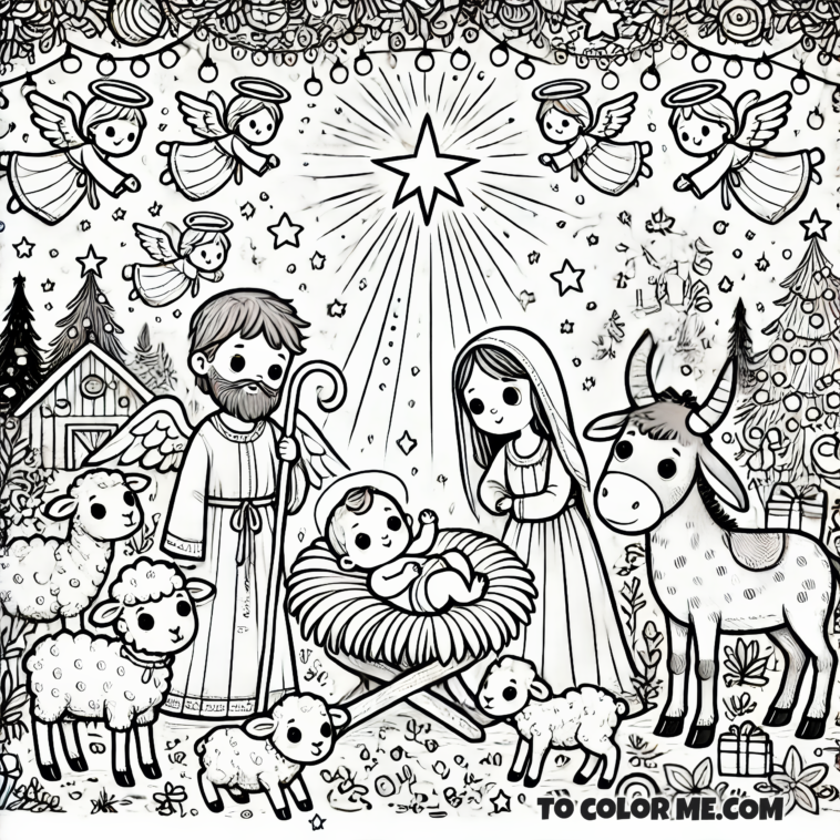 Playful Nativity Coloring Page with Animals and Angels – To Color Me ...