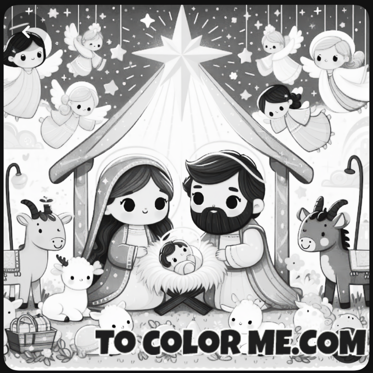 Festive Nativity Coloring Page with Cheerful Angels – To Color Me Faithful